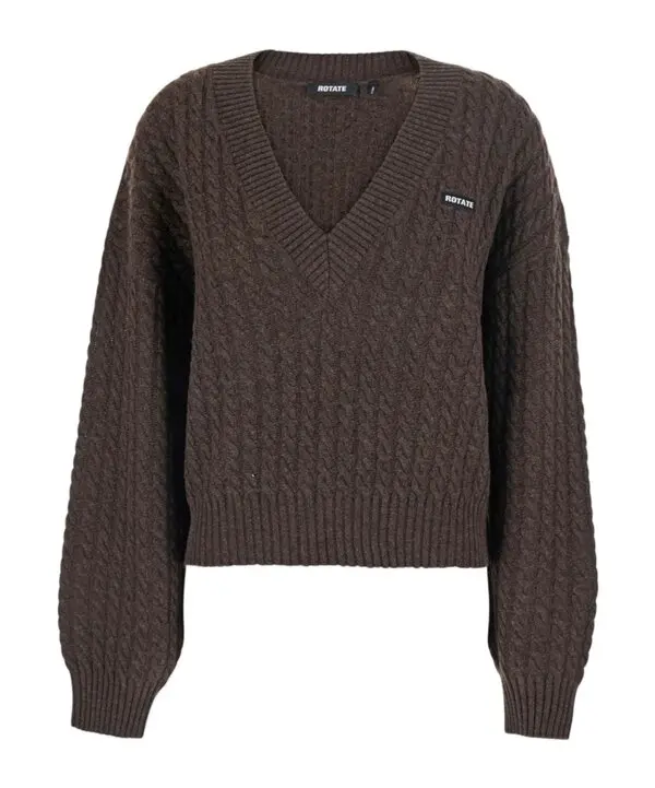 ROTATE BY BIRGER CHRISTENSEN Cable Cropped V-neck Knitted Sweater - Brown
