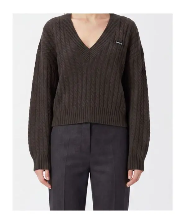 ROTATE BY BIRGER CHRISTENSEN Cable Cropped V-neck Knitted Sweater