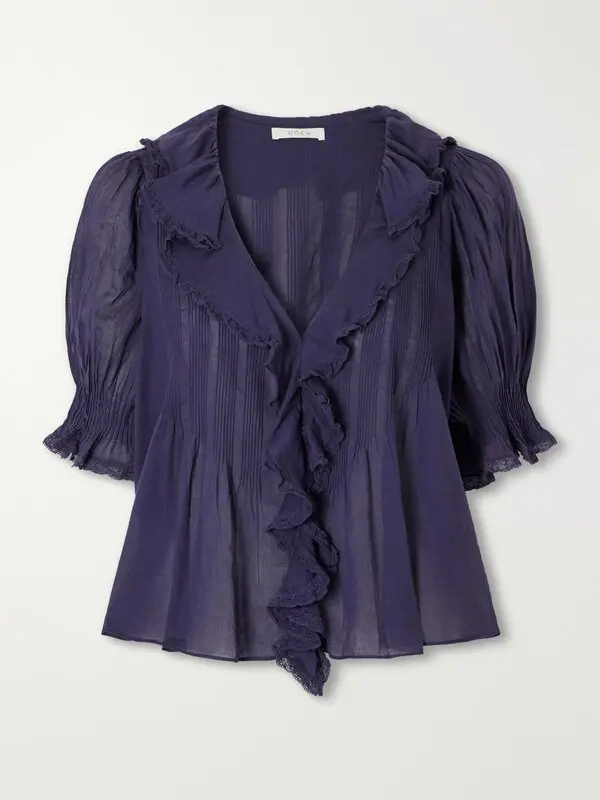 DÔEN Henri Ruffled Pintucked Lace-trimmed Organic Cotton-voile Blouse - Blue