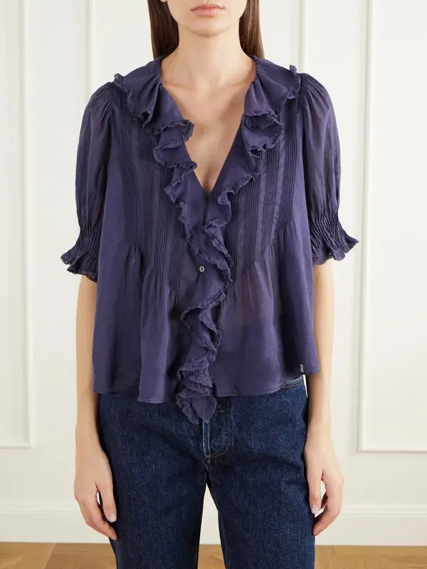 DÔEN Henri Ruffled Pintucked Lace-trimmed Organic Cotton-voile Blouse - Blue
