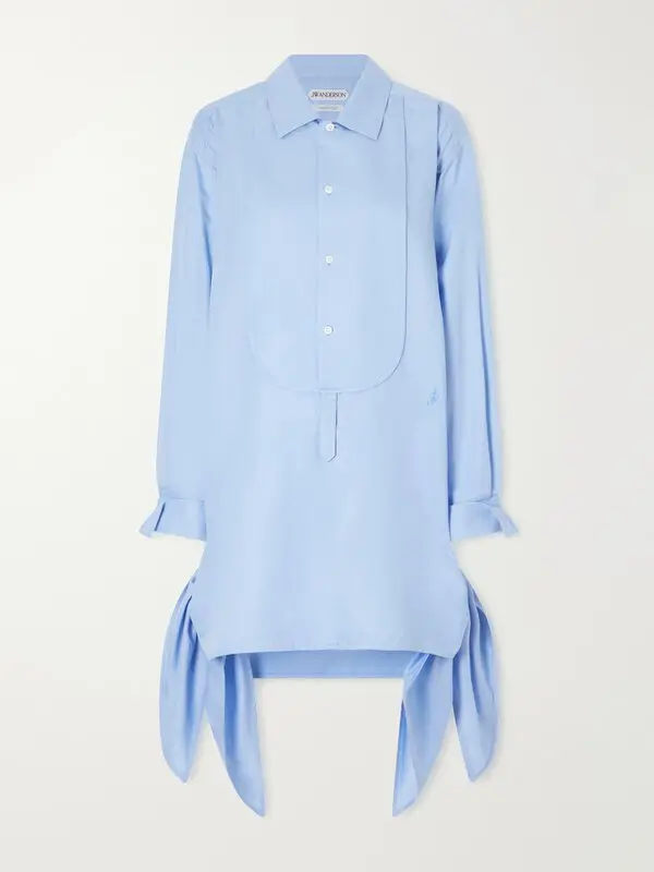 JW Anderson Tie-detailed Logo-embroidered Cotton And Silk-blend Poplin Mini Dress - Blue