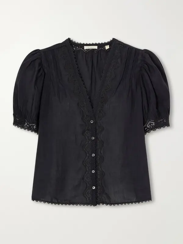 DÔEN Brigitta Lace-trimmed Pintucked Ramie Woven Blouse - Black