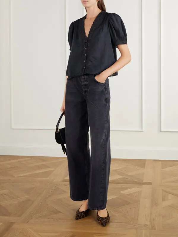 DÔEN Brigitta Lace-trimmed Pintucked Ramie Woven Blouse - Black