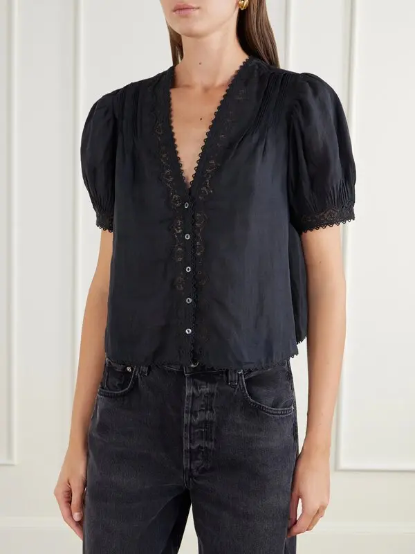 DÔEN Brigitta Lace-trimmed Pintucked Ramie Woven Blouse - Black