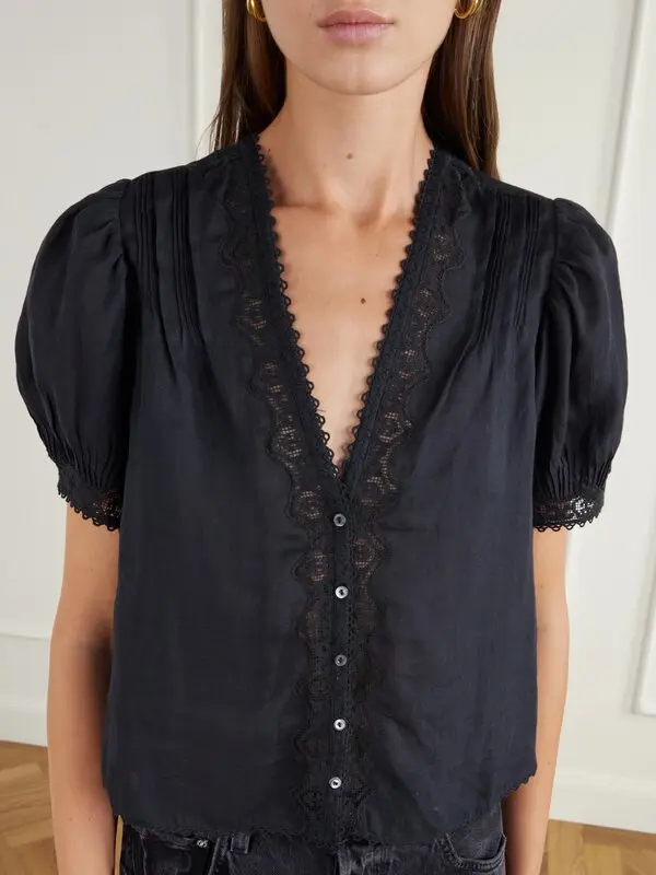 DÔEN Brigitta Lace-trimmed Pintucked Ramie Woven Blouse - Black