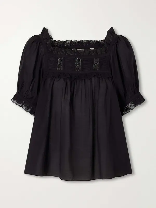 DÔEN Frances Ruched Lace-trimmed Organic Cotton-blend Voile Blouse - Black