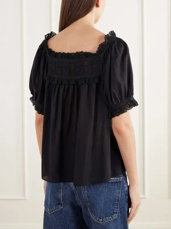 DÔEN Frances Ruched Lace-trimmed Organic Cotton-blend Voile Blouse