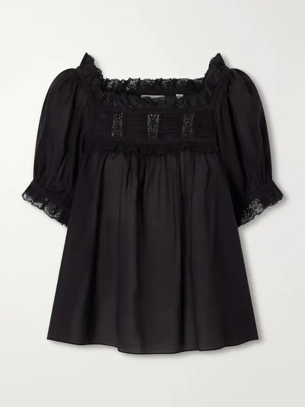 DÔEN Frances Ruched Lace-trimmed Organic Cotton-blend Voile Blouse