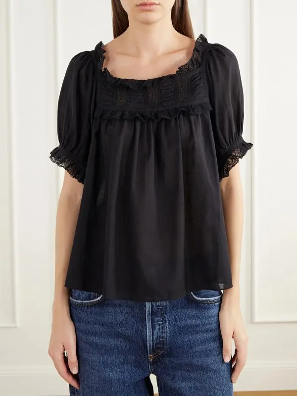 DÔEN Frances Ruched Lace-trimmed Organic Cotton-blend Voile Blouse