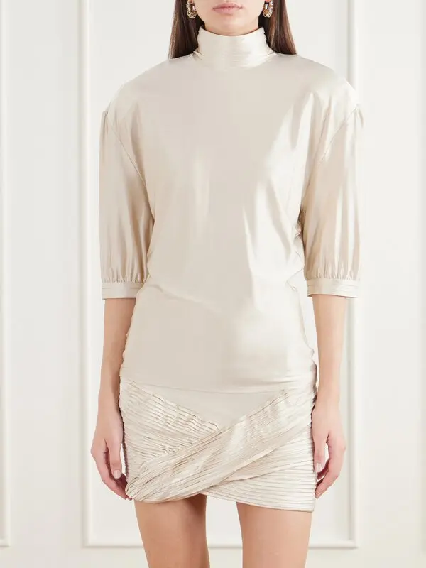 Rabanne Pleated Stretch-satin Turtleneck Blouse