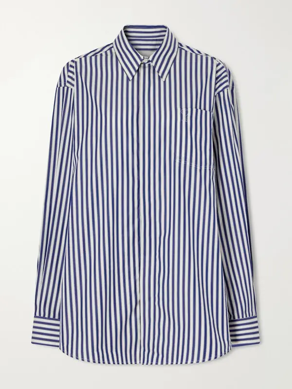 AMI Paris Logo-embroidered Striped Cotton-poplin Shirt - Blue