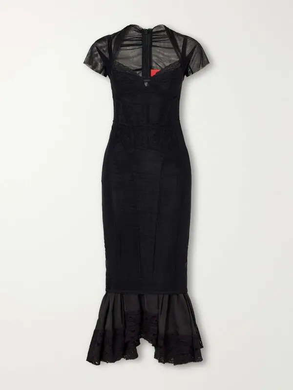 DILARA FINDIKOGLU Cloudy Border Lace-trimmed Stretch-mesh Midi Dress