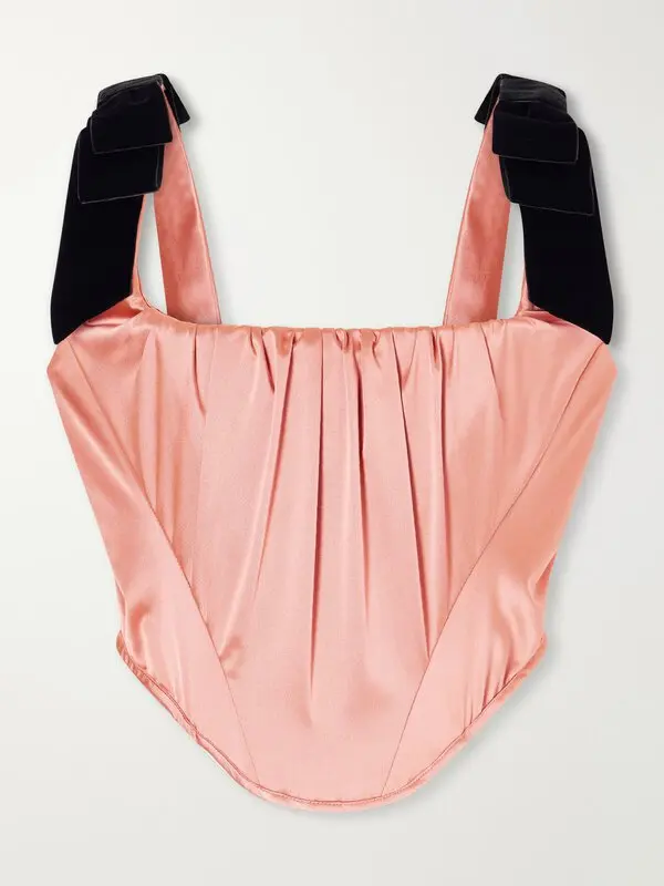 VIVIENNE WESTWOOD Pussycat Bow-detailed Velvet-trimmed Duchess-satin Corset Top - Pink