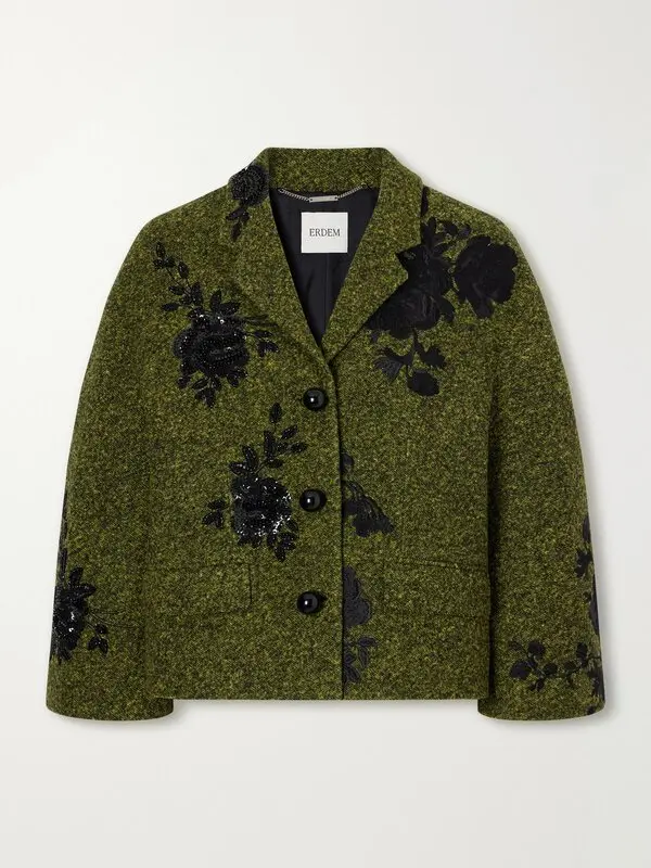 Erdem Embellished Floral-embroidered Cropped Twill Jacket - Green