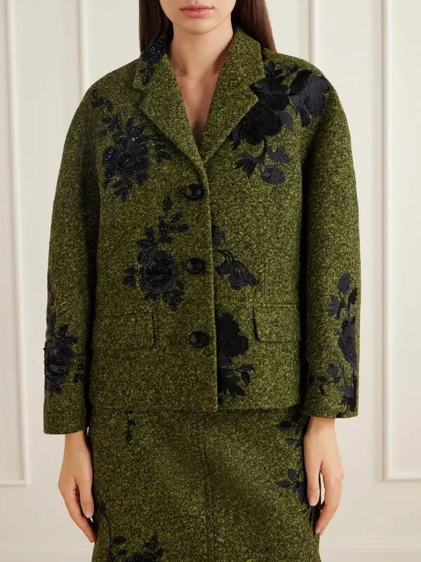 Erdem Embellished Floral-embroidered Cropped Twill Jacket - Green