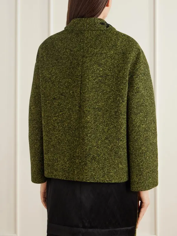 Erdem Embellished Floral-embroidered Cropped Twill Jacket - Green