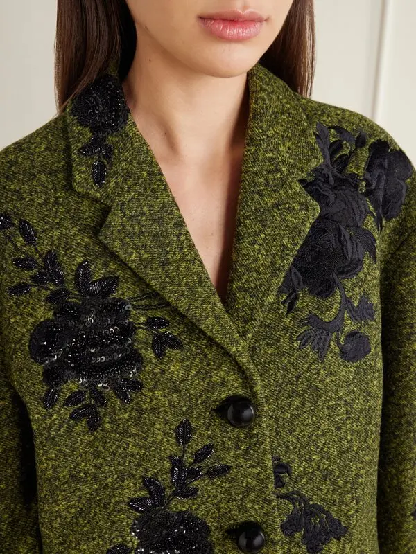Erdem Embellished Floral-embroidered Cropped Twill Jacket - Green