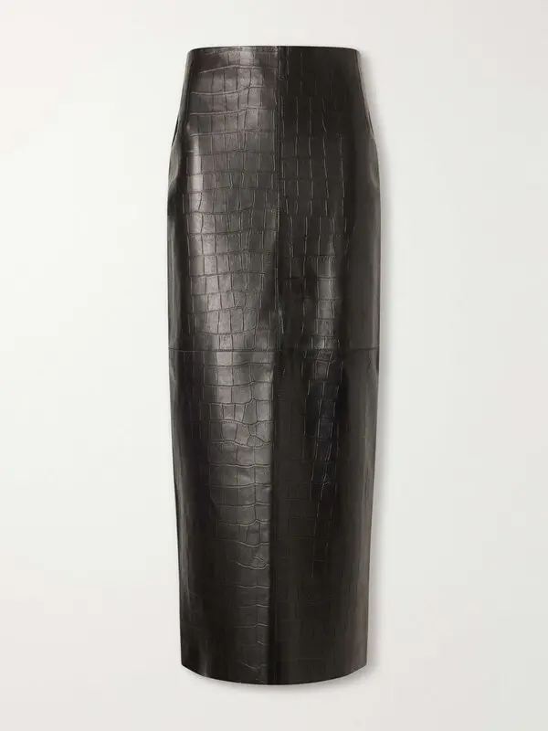 Nour Hammour Elyse Paneled Croc-effect Leather Maxi Skirt - Black