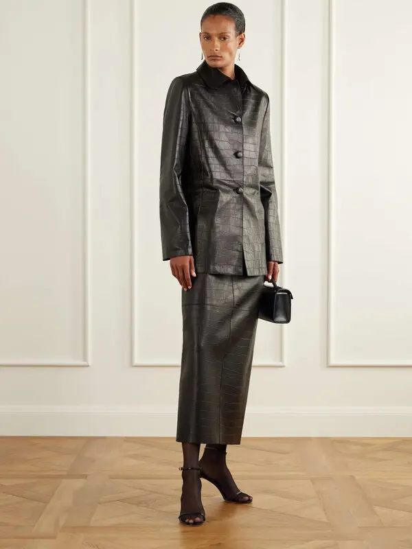 Nour Hammour Elyse Paneled Croc-effect Leather Maxi Skirt