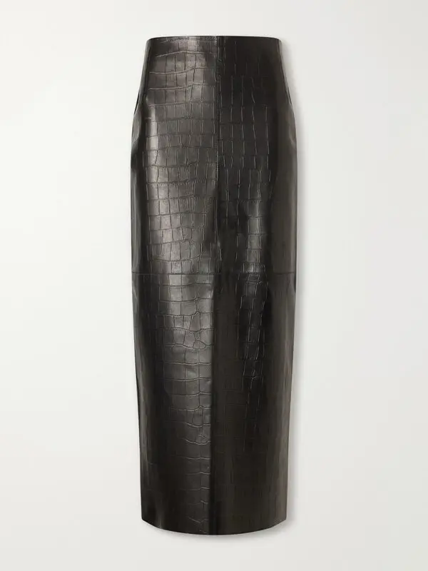 Nour Hammour Elyse Paneled Croc-effect Leather Midi Skirt - Black
