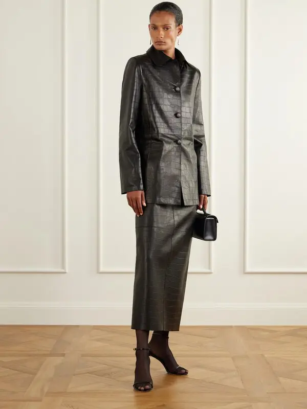 Nour Hammour Elyse Paneled Croc-effect Leather Midi Skirt