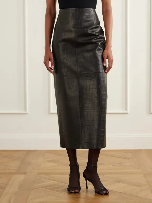Nour Hammour Elyse Paneled Croc-effect Leather Midi Skirt