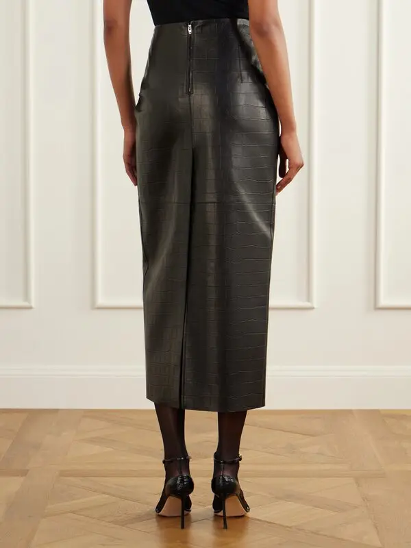 Nour Hammour Elyse Paneled Croc-effect Leather Midi Skirt
