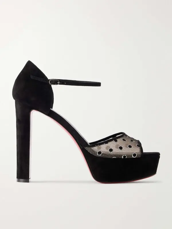 CHRISTIAN LOUBOUTIN Sandaloo 130 Polka-dots Mesh-trimmed Velvet Sandals - Black