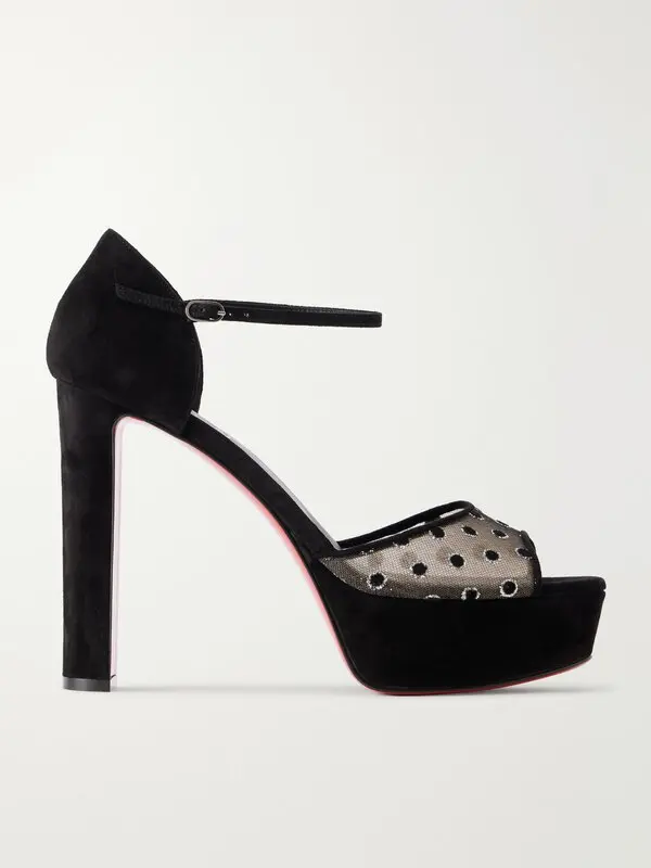 CHRISTIAN LOUBOUTIN Sandaloo 130 Polka-dots Mesh-trimmed Velvet Sandals - Black