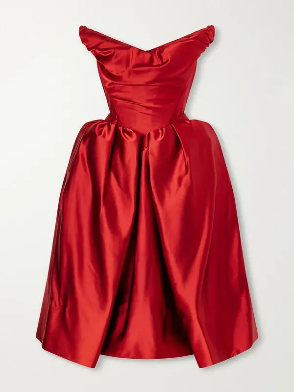 VIVIENNE WESTWOOD Lady Off-the-shoulder Pleated Duchess-satin Midi Dress - Red