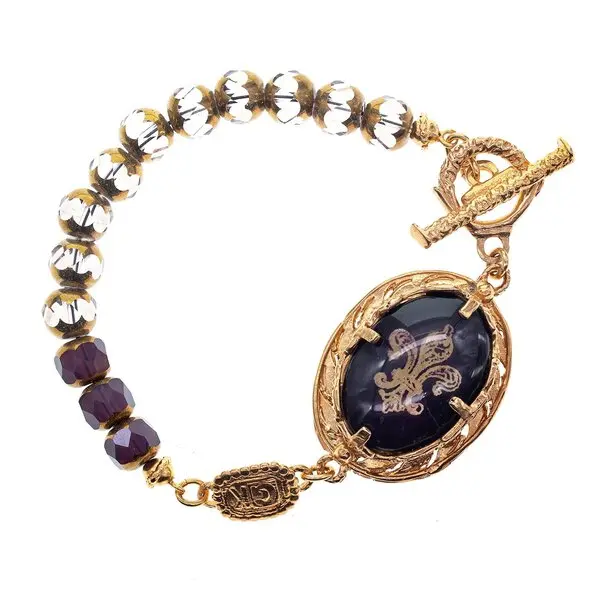GEM KINGDOM Fleur-de-lis Vintage Glass Beaded Bracelet - Gold