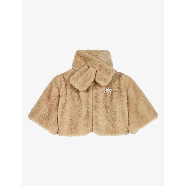 Maje Short Brooch-embellished Faux-fur Jacket - Beige