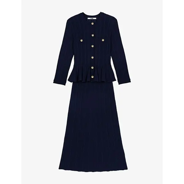 Maje Button-embellished Peplum-waist Knitted Midi Dress - Navy