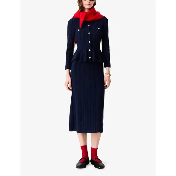 Maje Button-embellished Peplum-waist Knitted Midi Dress