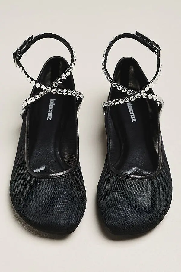 Lola Cruz Rhestone Mesh Ballet Flats - Black