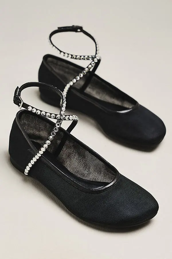 Lola Cruz Rhestone Mesh Ballet Flats - Black