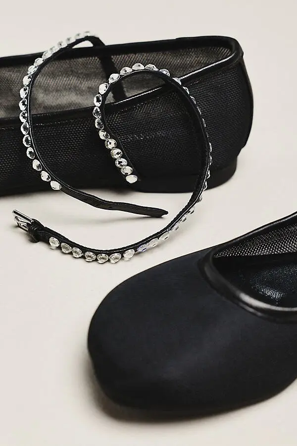 Lola Cruz Rhestone Mesh Ballet Flats - Black