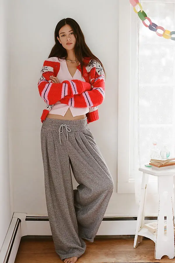 Maeve High Rise Wide Leg Houndstooth Pants - Black Pattern