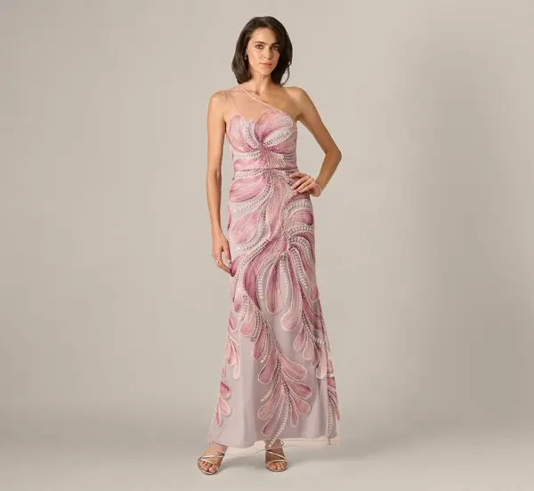 Aidan Mattox One Shoulder Soutache Petal Beaded Illusion Gown