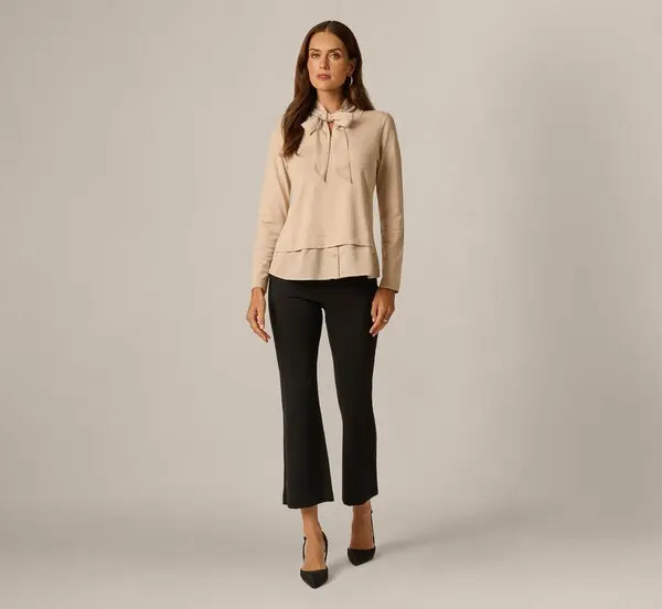 Adrianna Papell Long Sleeve Tie Neck Pearly Trim Twofer Sweater - Champagne Blush