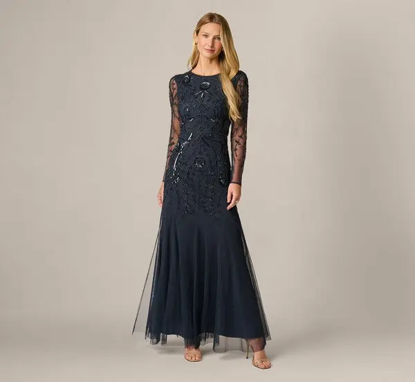 Adrianna Papell Long Sleeve Floral Sequin Beaded Gown - Midnight