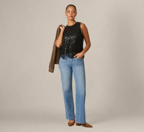 Adrianna Papell Scalloped Sequin Beaded Tank Top