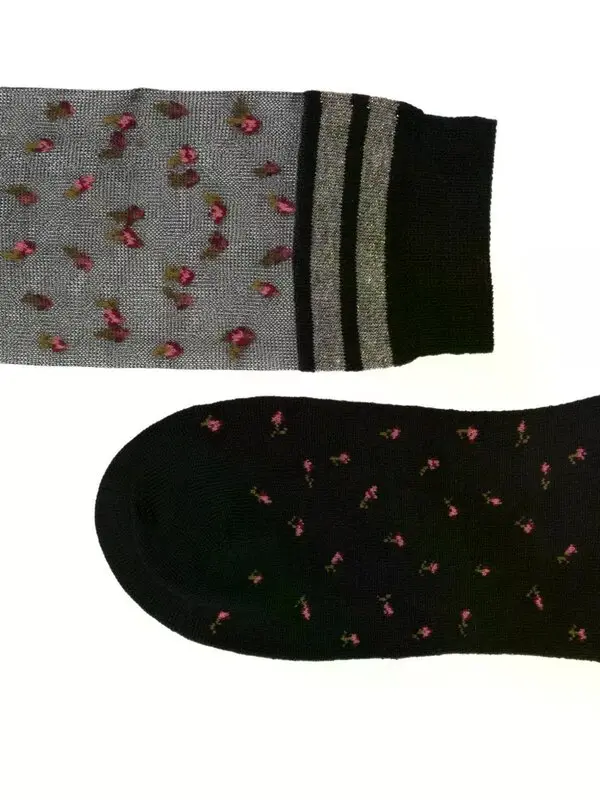 ANT45 Peng Short Floral-print Sheer-panel Socks - Black