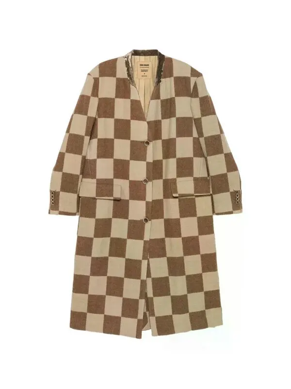 UMA WANG Pixel Checkerboard Frayed-seam Coat - Brown