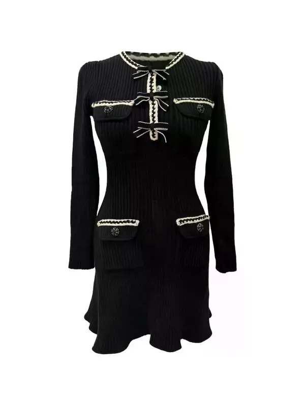 SELF-PORTRAIT Ribbed Knit Bow-detail Dress - Black