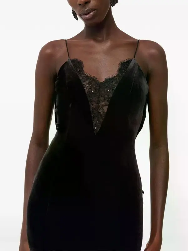NISSA Lace-insert Velvet Maxi Dress - Black