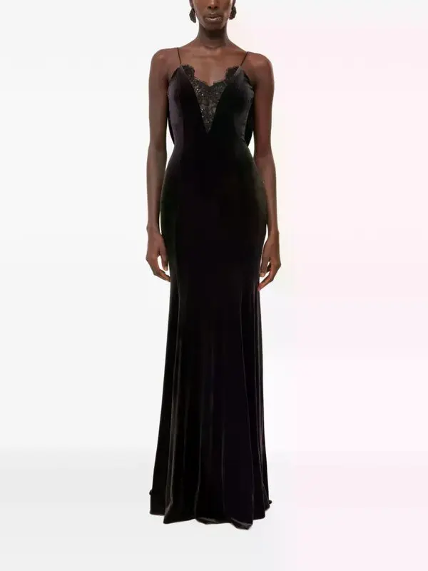NISSA Lace-insert Velvet Maxi Dress - Black