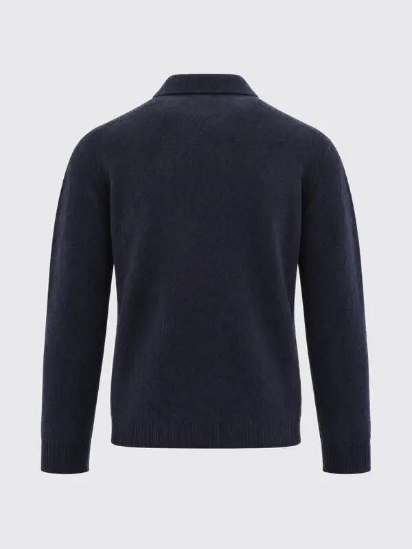 PAOLO PECORA Long-sleeved Knit Cotton Polo Shirt With Ribbed Collar - Navy