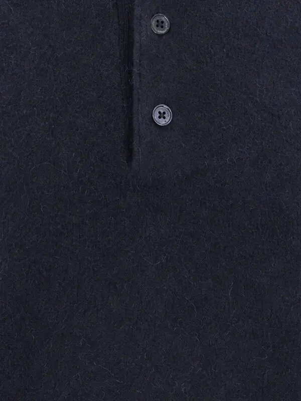 PAOLO PECORA Long-sleeved Knit Cotton Polo Shirt With Ribbed Collar - Navy
