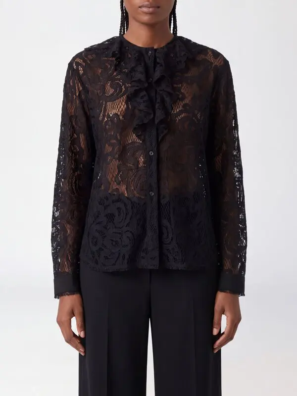 NUDE Long-sleeved Embroidered Lace Blouse With Ruffles And Crew Neck